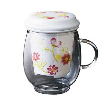 ガラスのマグカップとセラミックの茶こし。ガラスのマグカップに陶磁器の茶漉しと蓋をセットしました。茶漉しに茶葉をいれお湯を注いで蓋をしてしばし待ち、いい色にお茶が出たら茶漉しをはずして、そのまま飲めます。ガラスごしにお茶の濃さが見えるから、少...
