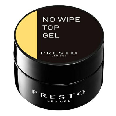 商品名PRESTO（プレスト）ノーワイプトップジェル 24g仕様■内容量：24gツヤや強度はそのままに！ジャータイプ登場硬化熱・硬化直後の黄ばみを最大限に抑え、時短とツヤが同時に叶うトップジェルです。※ソークオフ不可※撹拌不要※化粧品製造販...