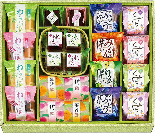 SPEC ◆くずもち（純）（80g）・わらび餅（本わらび・小豆）（各78g）・ゼリー（桃・蜜柑）・フルーツゼリー（ぶどう）（各70g）・水ようかん（小豆・茶）（各60g）×各2、くずもち（桜・抹茶）（各80g）・フルーツゼリー（みかん・りん...