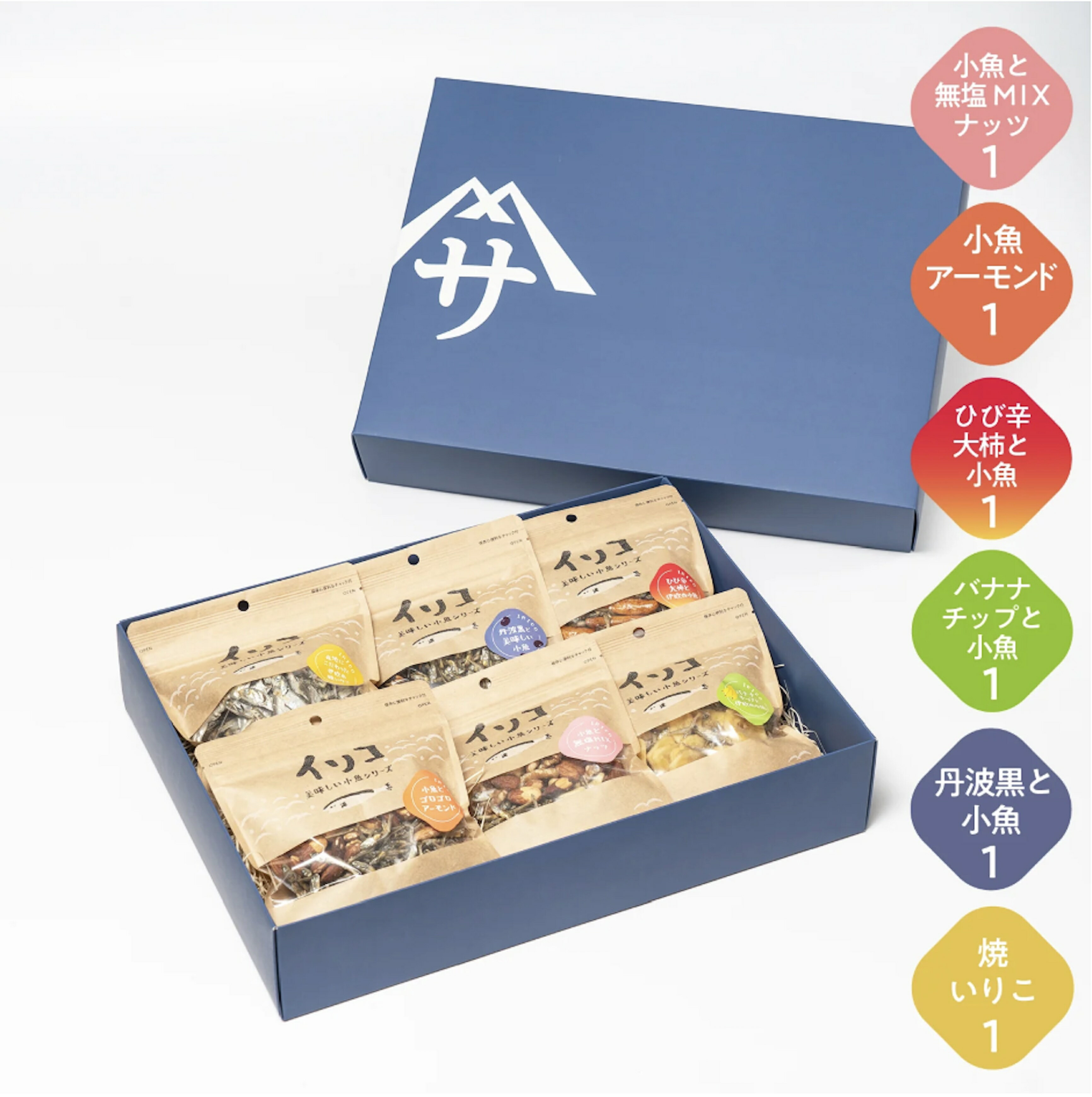香川県のブランドである『伊吹いりこ』を使用した小魚シリーズのギフトセットです。 セット内容は、伊吹の小魚MIXナッツ1袋、小魚アーモンド100g1袋、ひび辛大柿と小魚100g1袋、バナナチップと小魚100g1袋、丹波黒と小魚80g1袋、焼い...