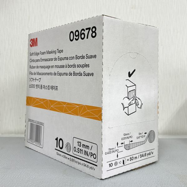 3M ソフトテープ 9678 サイズ形状・・13mm径×5m 入数・・10本 塗装時にドアやボンネット回りの隙間から入る塗料ミストを防ぐスポンジ状のマスキングテープです。 簡単に作業できマスキング時間を大幅に短縮できます。　