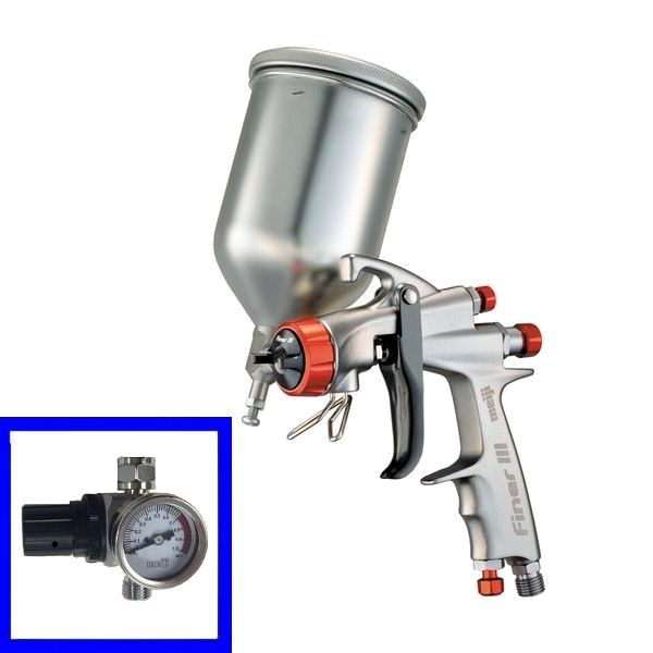 【セット内容】 スプレーガン：FINERIII 塗料カップ：4GF-U (内容量：450ml、脚付フリーアングル) 小型手元圧力計：MAR ・FINERII PLUSの特徴を引き継ぎ、タッチアップからブロック塗装、さらにぼかしまで可能な広い...