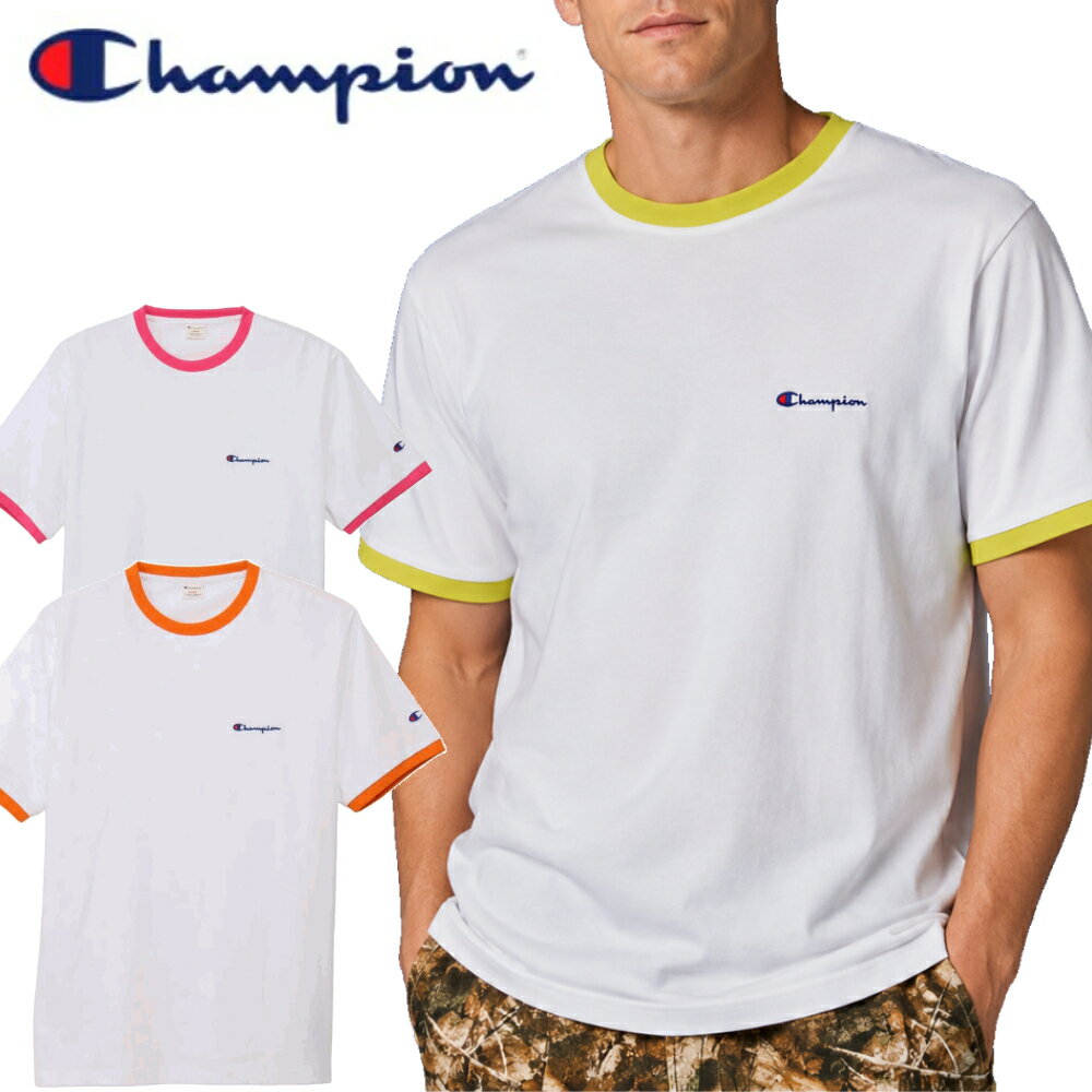 Champion チャンピオン ショートスリーブリンガーTシャツ C3-D327 半袖 ティーシャツ メンズ レディース ネオンカラー イエロー オレンジ ピンク ワンポイント ホワイトボディにネオンカラーが映えるリンガーTシャツ 「HUN...