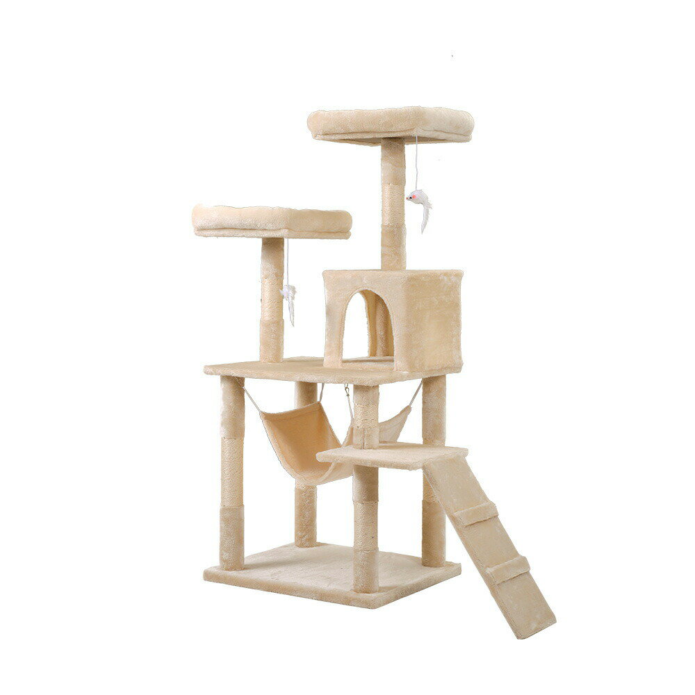【全高145cm！シニア猫＆子猫に最適】安定性抜群で安心して使えるキャットタワー。【高いところが好きな猫ちゃんに◎】ふわふわの猫ベッドで快適なお昼寝タイム♪【上り下りラクラク階段付き】子猫もシニア猫も安心して移動できる設計。【30mm厚の土...
