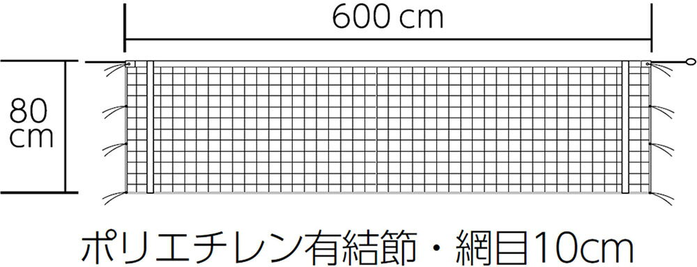 商品本体サイズ：高さ80×幅600cmm支柱にかぶせる簡単取付(中断・下段はマジックテープ止め)。上部ロープ/ポリエチレン、白帯/ポリエステル日本ポリエチレン有結節110T/90本網目:10cmバレーネットを安全にお使いいただくために、ご使...
