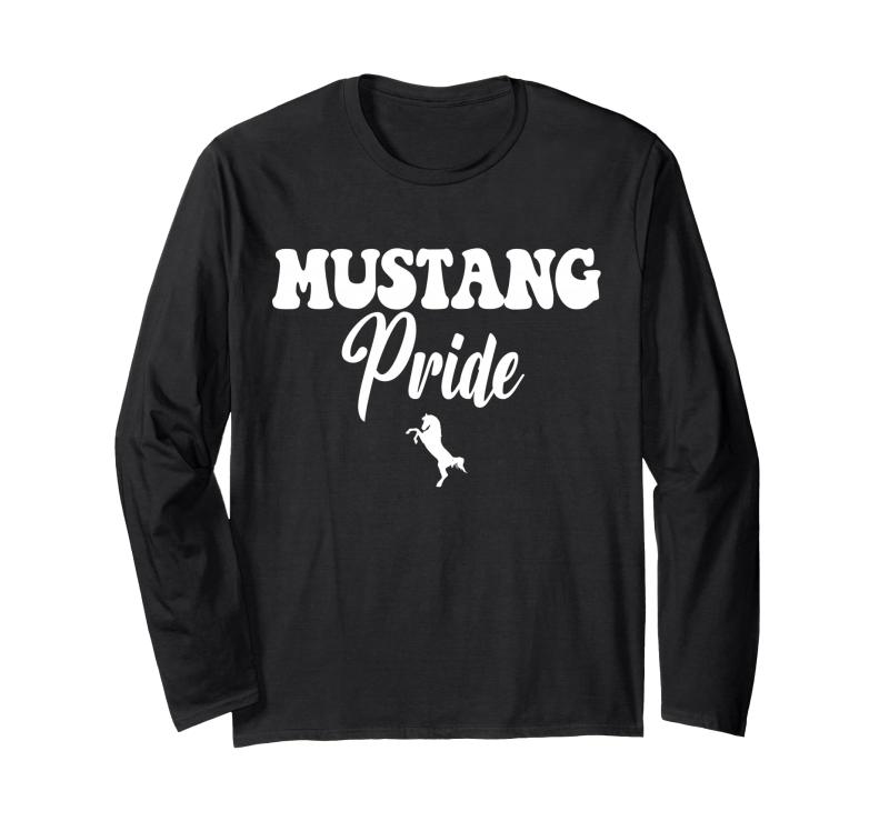 Mustang Pride High School Mustangs スポーツチーム マスタング 長袖高校のチームスポーツに学校精神があり、息子、娘、ボーイフレンドがムスタングのためにプレーしているなら、このムスタングマスコットデザインが最...