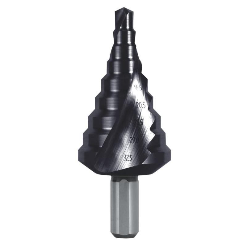 RUKO 2枚刃スパイラルステップドリル 32.5mm チタンアルミニウム 101092F●被削材:鉄板・銅版・ステンレス・アルミ・プラスチック(4mmまで)●段幅(mm):4●段数(段):9●シャンク径(mm):10●穴あけ寸法(φmm)...