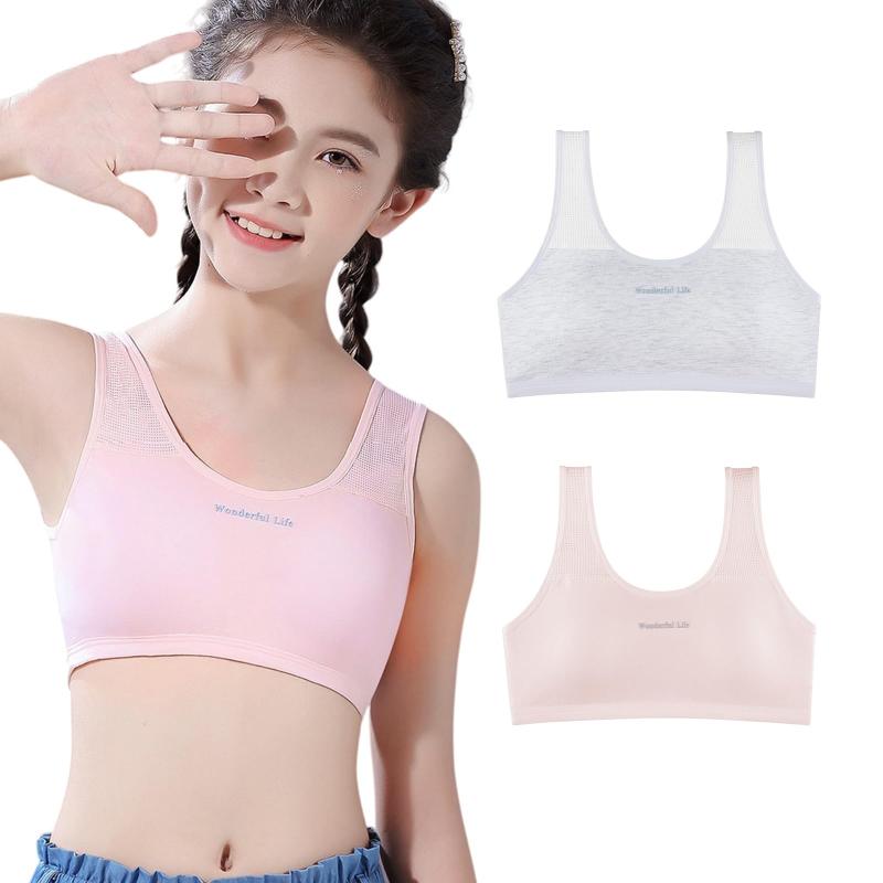 [SophroniaTerri] ジュニア ブラジャー 2点セット スポーツブラ 薄い ノンワイヤー ガールズ ハーフトップ 固定カップ 柔らかい 通気性 吸湿 苦しくない 高校生 部活デイリー 中学生 小学生 下着 【快適な伸縮性】このブ...