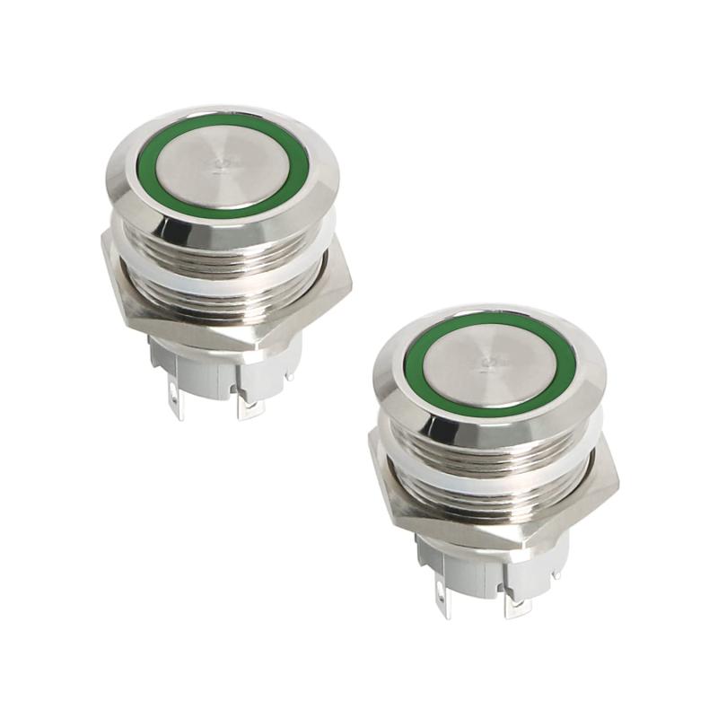 Ohamtes 瞬間的な押しボタンスイッチ 3V 6V 防水ステンレス鋼金属 3/4" 取り付け穴 緑 LED SPST スイッチ、電気機器用， 2個111111