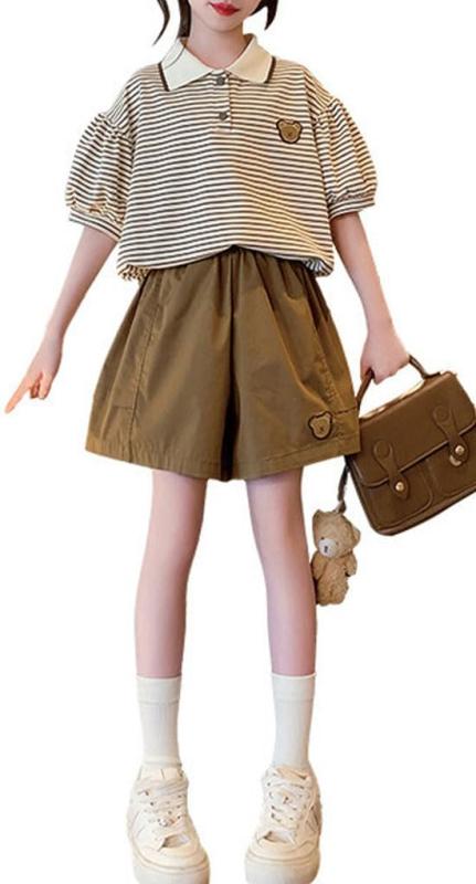 [ZHENGTU] [CAIXINGYI]子供服 女の子 セットアップ キュロットスカート ショットパンツ ボーダー柄tシャツ tシャツ トップス 上下セット 2点セット スポーツウェア スウェア 子供 スーツ 夏服 ゆったり着心地でトレン...