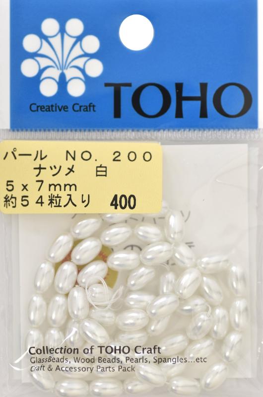 TOHO ナツメパール 約5×7mm 白 約54ヶ入り No.200サイズ：約5x7mm色品番：No.200 白容量：約54ヶ素材：ユリヤ樹脂塩素サラシ、アイロンなどは、ご使用できません。