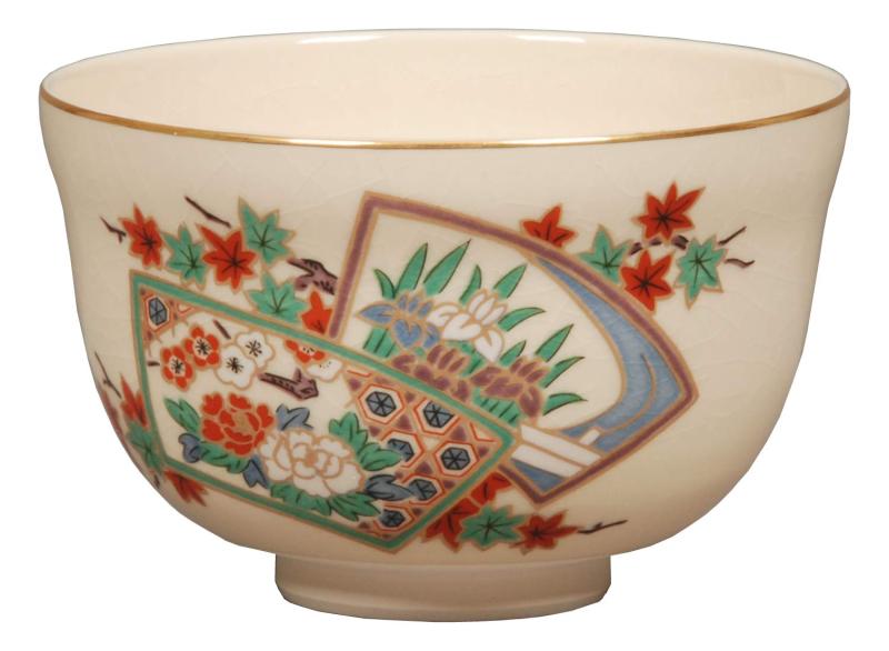 宮地英香(Miyachi Eikou) 抹茶碗 白 サイズ:直径12.4x高さ7.8cm 仁清 扇面草花 紙箱入サイズ:直径12.4x高さ7.8cm