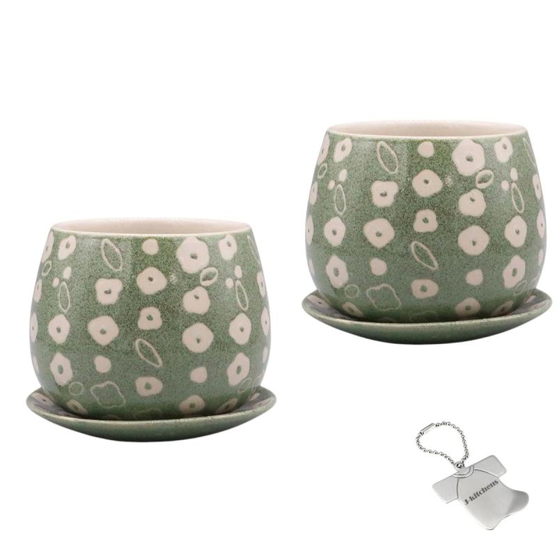 J-kitchens Select 2個入 セット 花瓶 陶器 植木鉢 受け皿付き 小花 北欧風 プランター B Φ10.5xH8cm グリーン （オリジナルタグ1個付）No3223本体素材：セラミック製品サイズ：本体／約Φ10.5x8cm...