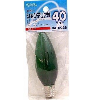 04-6026 シャンデリア球クリアカラー40W グリーン E17 LB-C2740-CG● カラーシャンデリア球 40W E17 グリーン● 屋内専用（屋外使用禁止）カラーシャンデリア球 40W E17 アンバー [品番]04-6025カ...
