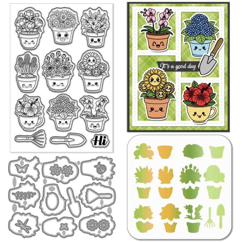 GLOBLELAND かわいい鉢植えシリコンクリアスタンプ カートゥーンプラントスタッフ カッティングダイ 花 PETペイントステンシルテンプレートセット カード作成スクラップブッキングクラフトパッケージ内容: シリコン製クリアスタンプ1枚...