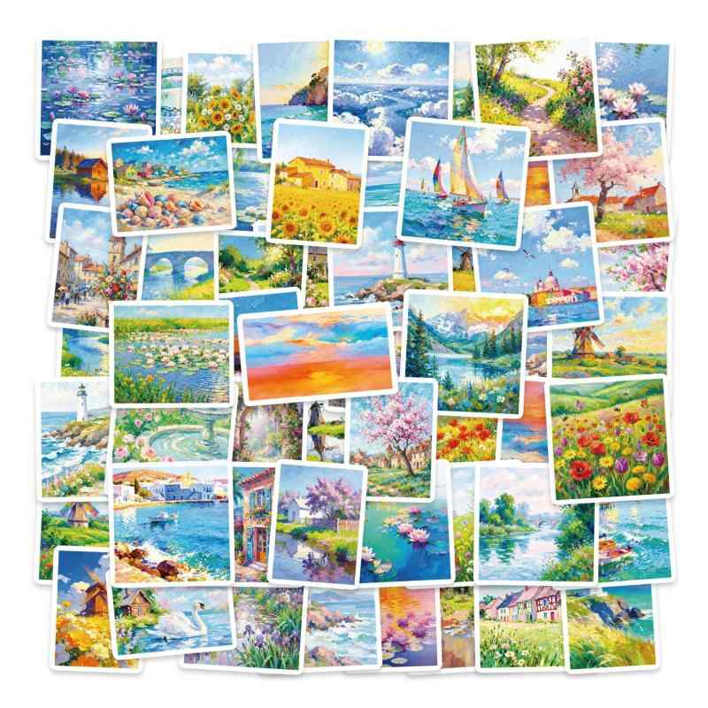風景アートステッカー 56枚セット ビニール製 防水デカール パーティーの記念品 レトロ絵画風ステッカー 水筒、自転車、スーツケース、パソコン、スケートボード、車、バイクなどに貼れ【高品質】風景ステッカーセットには56枚のステッカーが含まれ...