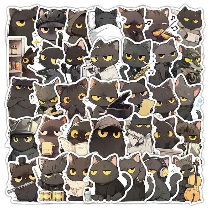 かわいい黒猫ステッカー63枚パック ノートパソコン、携帯電話、スクラップブック、スケートボード、スーツケース、日記帳、ウォーターボトルなどに使える防水グラフィティ子猫デカールおしゃれなデコレーション：このかわいい黒猫ステッカーは、可愛いだけ...