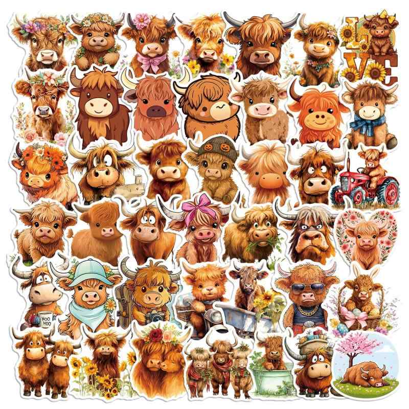 ハイランドカウステッカー50枚 子供、ティーン、大人向け、かわいい漫画動物ステッカー ノートパソコン、ウォーターボトル、スケートボード、スキーなど、ビニール製防水お得パック：当社のステッカーは50種類のハイランドカウのパターンで構成されてお...