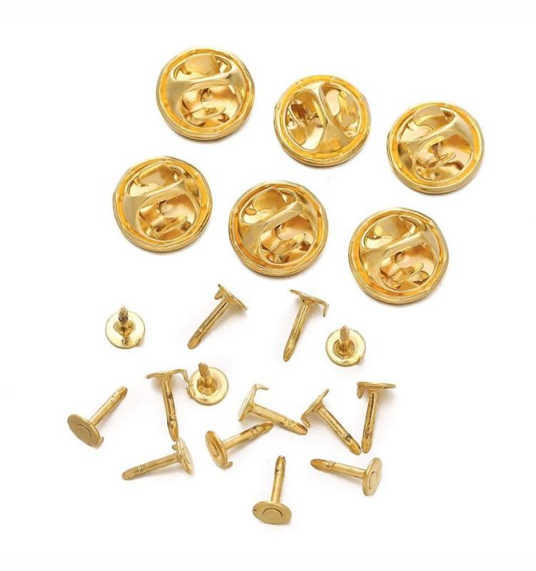 10個 ピンバッジ キャッチ 留め具 台座&amp;ピン バタフライ タイタック クラッチ ゴールド・【数量】10個・【サイズ】直径約11.5mm 　皿直径:4.5mm　高さ約6mm・オリジナルウエス付