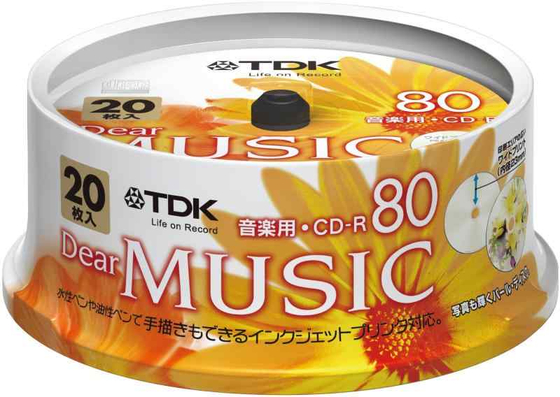 TDK 音楽用CD-R 80分 インクジェットプリンタ対応(パールカラー・ワイド印刷仕様) 20枚スピンドル CD-RDE80PPX20PN規格:CD-R種類:AV用入数:20盤面印刷:可 / 印刷面:ワイド