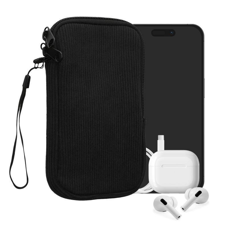 kwmobile ユニバーサル スマートフォン スリーブ - コーデュロイ ハンドストラップとジッパー開閉 - 内部メッシュポケット - 携帯電話スリーブポーチ - ネオプレン フォンソックス - ブラック軽量:このジッパー式携帯電話ケース...