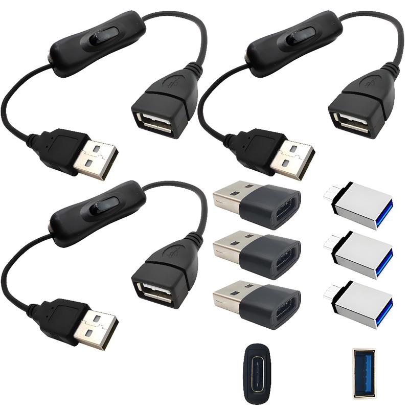 USB スイッチ延長ケーブル 0.3m オン/オフ ボタン付き - デュアル エンド USB-C およびアダプター セット (3 パック)、CESFONJER 電源スイッチ データ コード (LED/PC/電話/すべての USB タイプ C...