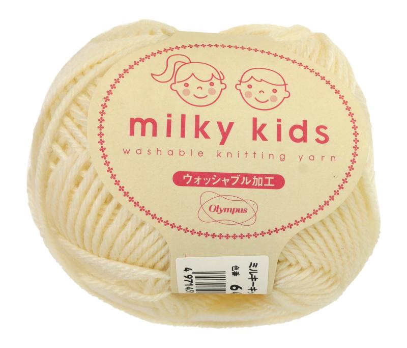 オリムパス製絲 ミルキーキッズ 毛糸 合太 Col.64 クリーム 系 40g 約98m素材:ウール60%・アクリル40%使用糸目安:棒針5~7号 かぎ針5/0~6/0号糸の太さ:並太ゲージ目安(メリヤス編み):20~22目 28~30段標...