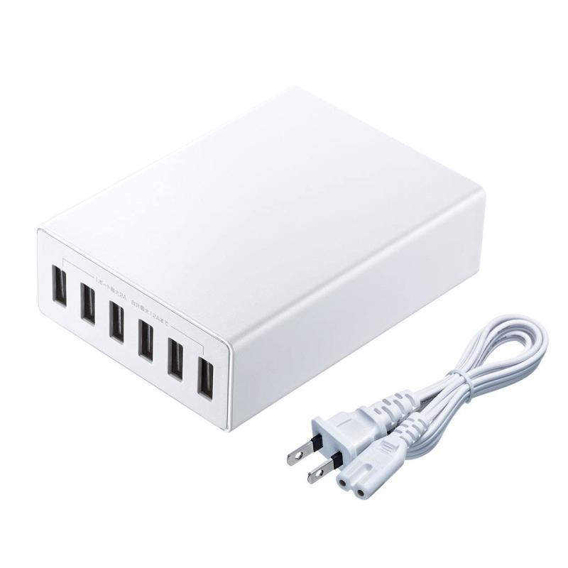 サンワサプライ USB充電器（6ポート・合計12A・ホワイト） ACA-IP67W定格入力:AC100V 50/60Hz定格出力:DC5V/12A(6ポート合計最大)DC5V/2A(1ポート最大)最大6台のスマートフォンやタブレットなどをま...