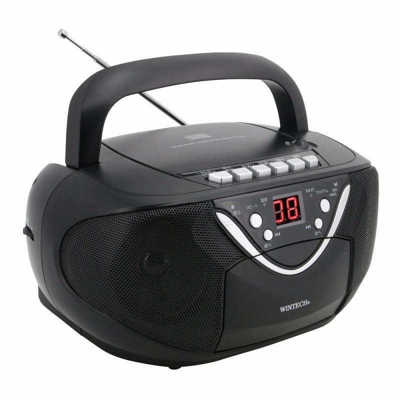 WINTECH CDラジカセ CDR-WS1 ブラックボディ 簡単操作のシンプルラジカセ CD、AM/FM/ワイドFM、カセットテープ、AUX(外部入力)搭載 AC電源コード付属 単二乾電池×6本使用可能 イヤホン端子装備 廣【CD】赤色L...