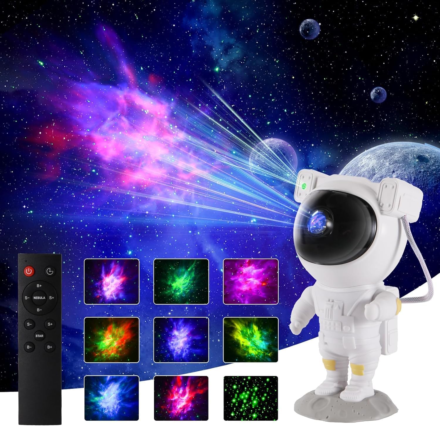 【二重一スタープロジェクターナイトライト】プラネタリウム家庭用本格的。アストロノートスタープロジェクター+ギャラクシープロジェクター。アストロノートプロジェクターは、カラフルで予測不可能な星雲とリアルな夢、高精細の星空ギャラクシーとかすかに...