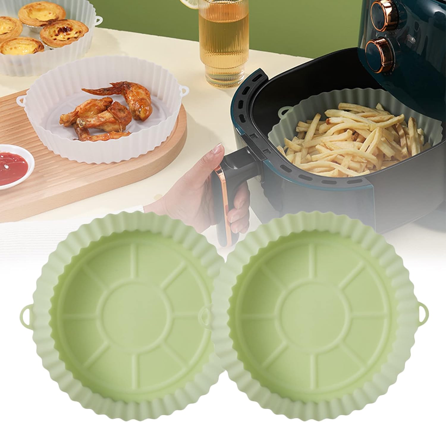 [ワイドアプリケーション]==再利用可能なエアフライヤーバスケット（羊皮紙の裏地の代わりに）は、電子レンジのベーキング、バーベキューフライ、汽船の裏地、または食品の配置に使用でき、フライドポテト、ピザ、手羽先、ケーキを保持するためにも使用で...