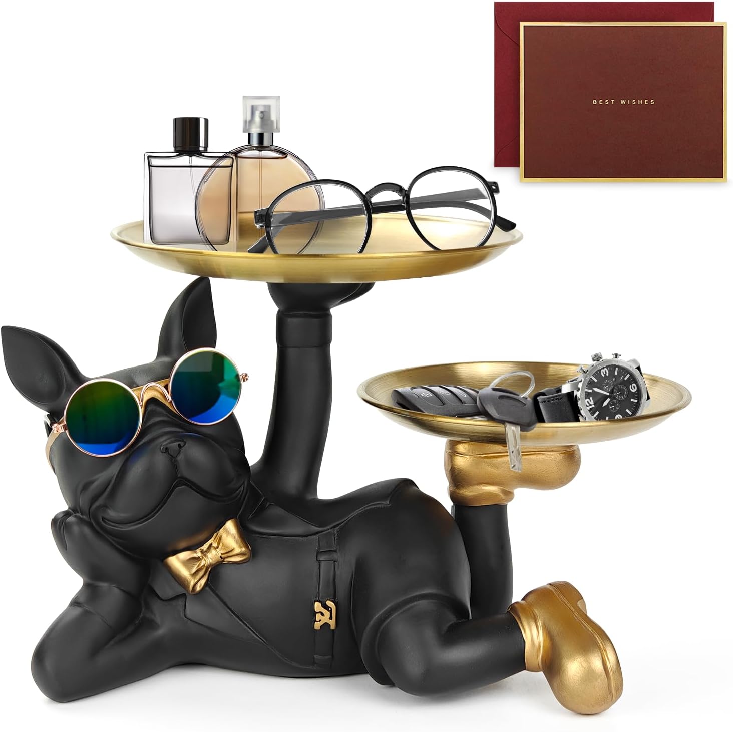 ??【多機能皿を寝そべる犬さん】存在感のあるシュールな置物+2枚お皿収納トレイ。ユニークな性格を持つ魅力的な犬、彼はあなたの注意を引きたいと思っています。収納トレイは鍵、眼鏡、リモコンや化粧品など小物置きです。個性強い、存在感がありますが、...