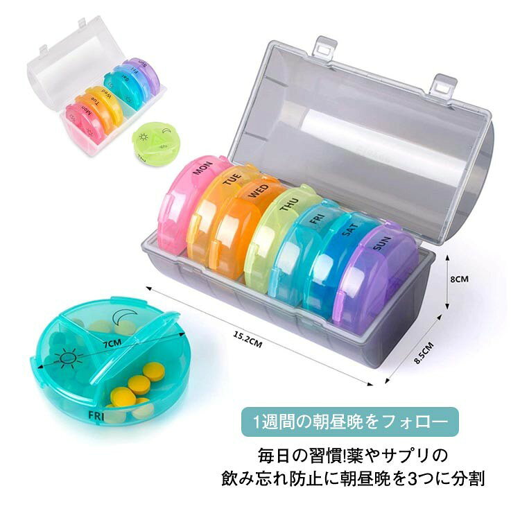 ITEM INFORMATION■ サイズフリーサイズ (約15.2*8.5*8cm)■ 素材プラスチック■ カラー透明ケース、ブラックケース■ 特徴1週間分の朝・昼・晩の薬を曜日別に収納できます。飲み忘れ防止に役立ちます。密閉性の高い内ケ...
