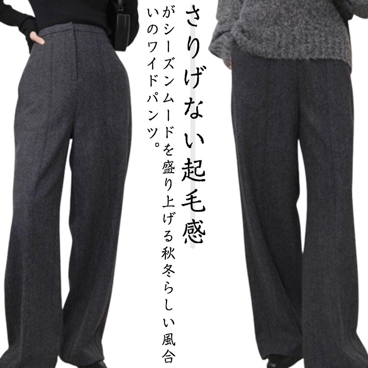 さりげない起毛感がシーズンムードを盛り上げる秋冬らしい風合いのワイドパンツ。ゆるっとしたワイドシルエットで体型カバーしつつ、着こなしのこなれ感アップ！ハイウエストなシルエットで脚長効果も期待できます。ゆったりしたサイズ感でストレスフリーな履...