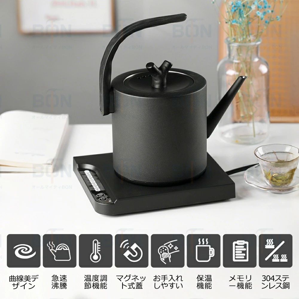 商品情報商品説明本体サイズ幅19.2×奥行16×高さ22cm　重量1.0kg●電源：AC110V (60Hz)●消費電力：1200W●電源コード長さ：0.9m●容量：1000ml【曲線美学・人間工学設計】電気ケトルは人間工学設計の手に馴染み...