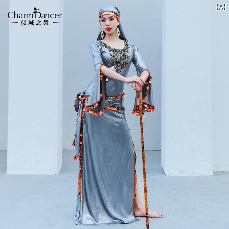 ベリーダンス 衣装 セット レディース コスチューム ステージ パフォーマンス 発表会 サイディ ローブ スリット ラウンドネック ヘッド スカーフ スリム フィット エキゾチック グレー 赤 緑サイズ:フリーサイズ生地: スパンデックスベ...