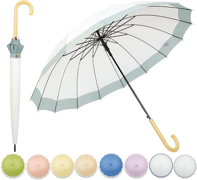 【耐久性に優れ、曲線が美しい16本骨傘】その美しい16本の骨は柔軟で丈夫なグラスファイバーを採用し従来の8本骨の2倍の16本骨にすることで今までにない強度と耐久性を実現。強風にあおられても、安易に折れたり曲がったりする心配ありません。雨と風...