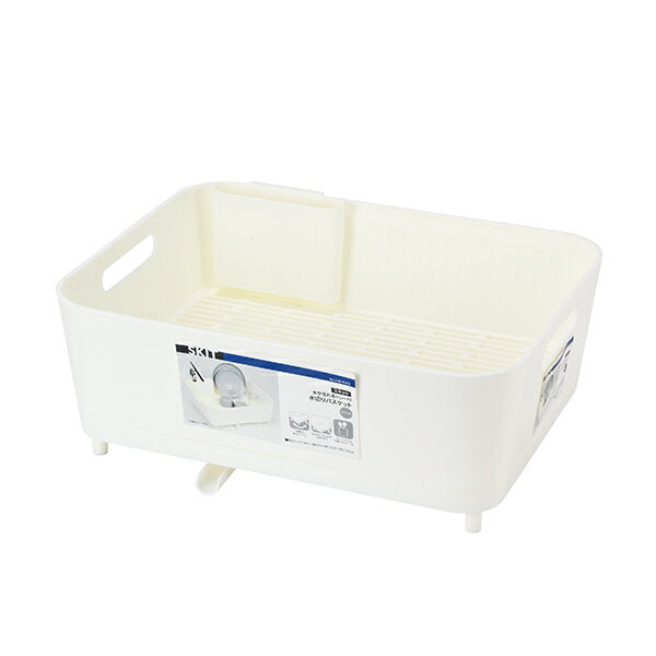 シンプルな水切りバスケット可動式排水ノズルで排水場所を変えられる。はし・スプーンを収納するポケット付き。 400×305×155mm