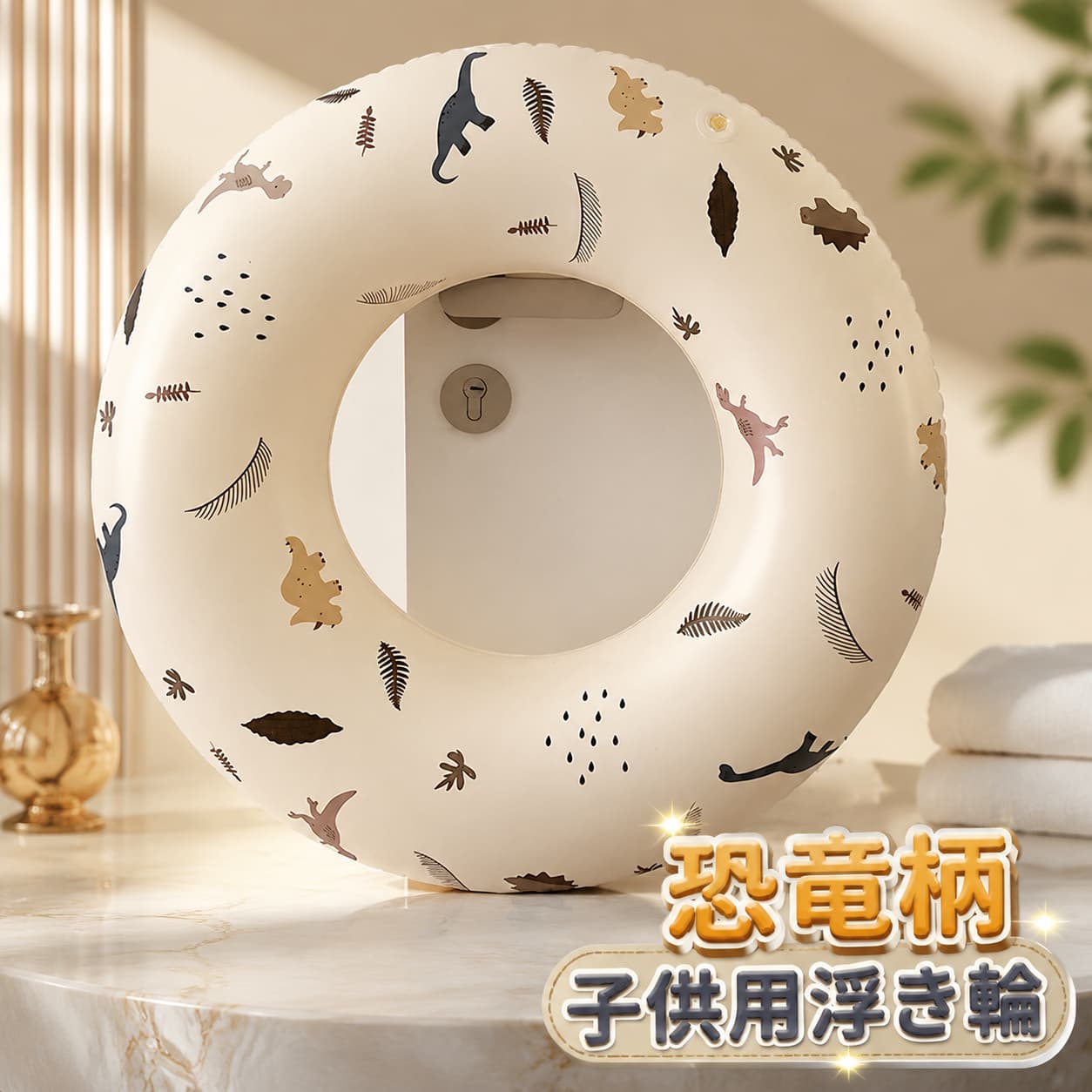 商品名：子供用浮き輪 カラー：恐竜柄 対応年齢：キッズ3-10歳 素材：PVC セット内容：浮き輪×1、空気入れ×1 生産国：中国 ご了承いただきたいこと： ◆モニターにより色の見え方が実際の商品と多少異なることがございます。あらかじめご了...