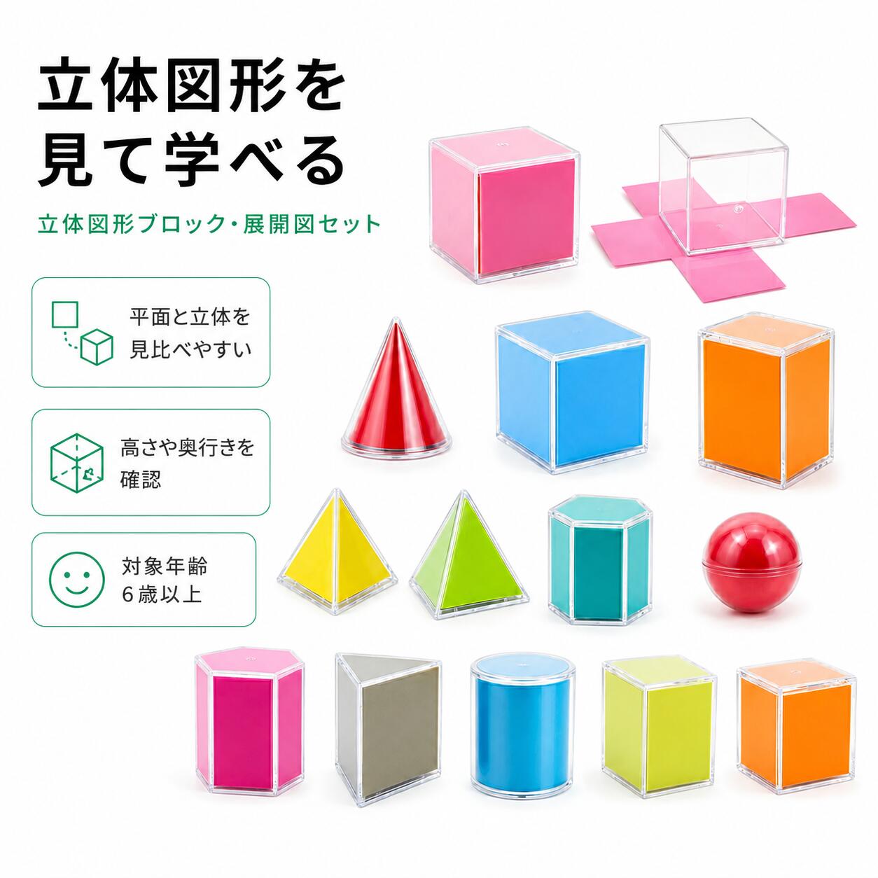 ラーニングリソーシズ 透明な立体ブロックとカラフルな展開図を使い、平面と立体の関係を目で確認しながら学べる図形教材です。 教科書の平面図だけではイメージしにくい高さや奥行き、面のつながりを、実際の立体モデルを見ながら確かめられます。ご家庭で...