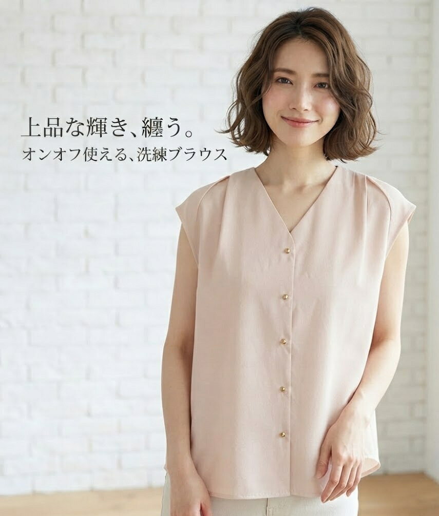 ■詳細■ さらっと涼しげな上品ブラウスを 艶のあるゴールドボタンでランクアップ 上品なVネックでデコルテを すっきり見せる涼しげブラウス。 肩に入ったタックと後ろ長め丈で自然に体型カバー。 シワになりにくく、毎日のお洗濯もラクに。 □洗濯機...