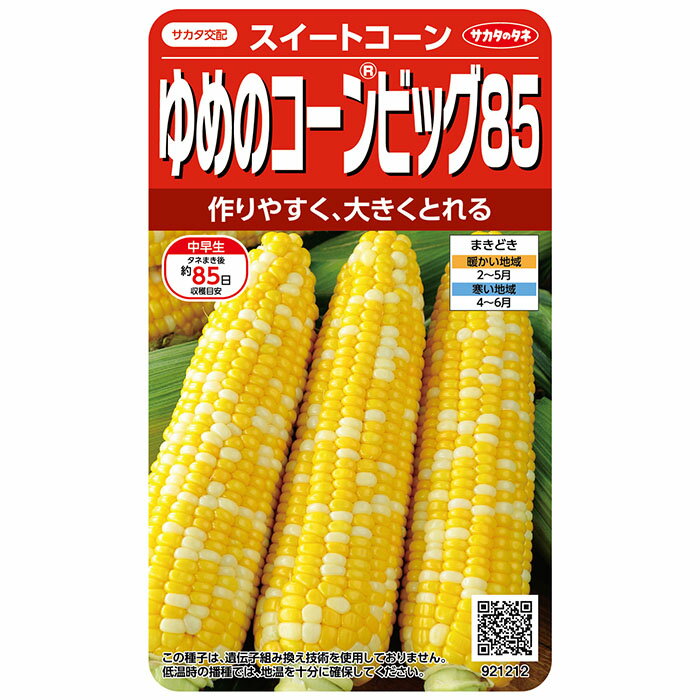 実咲野菜1212 トウモロコシ　ゆめのコーンビッグ85 JAN 4974449212125 内容量 20ml 粒数 約55粒 発芽率 0.8 播き時【暖地】 2～5月 播き時【寒地】 4～6月 収穫目安 播種後：約85日 園芸分類 イネ科 ...