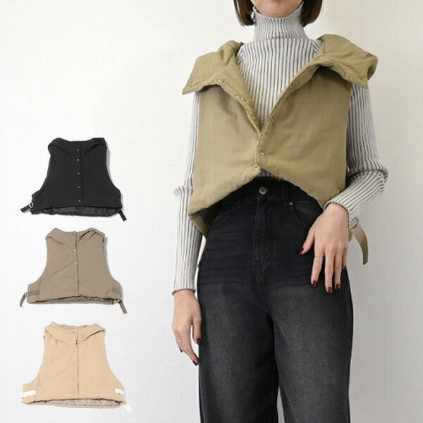 中綿ベスト ベスト ショート丈 クロップド 無地 フーディ アウター レディース ベージュ オリーブ ブラック【カラー】ベージュ オリーブ ブラック【サイズ】F着丈45cm B着丈47cm 肩幅38cm バスト130cm AH直35cm 裾...