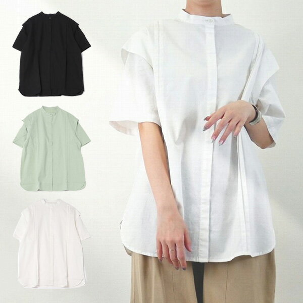 シャツ ブラウス 半袖 ピンタック 無地 バンドカラー 白 黒 コットン 綿100％ トップス レディース ホワイト ミント ブラック【カラー】ホワイト ミント ブラック【サイズ】着丈75cm 肩幅46cm バスト120cm 袖丈27cm ...