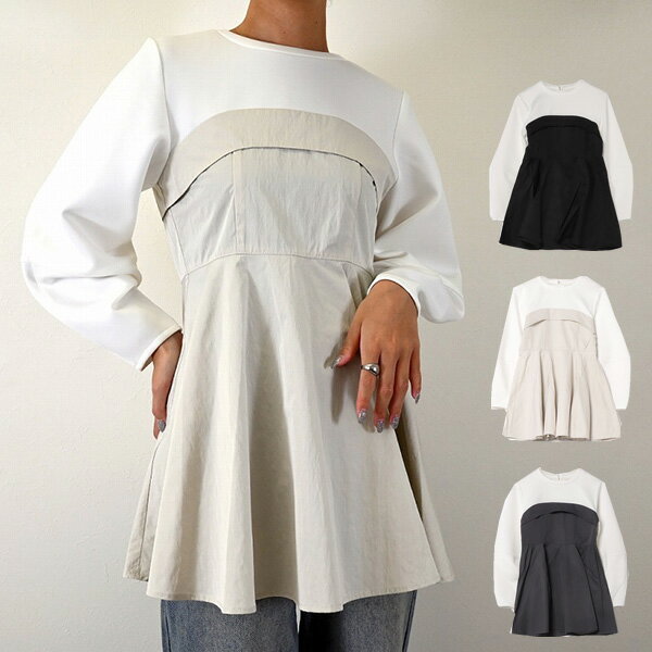 Tシャツ カットソー ペプラム 長袖 クルーネック ドッキング トップス レディース ホワイト エクリュ チャコールグレー ブラック【カラー】ホワイト×エクリュ ホワイト×チャコールグレー ホワイト×ブラック【サイズ】着丈76cm 肩幅38...