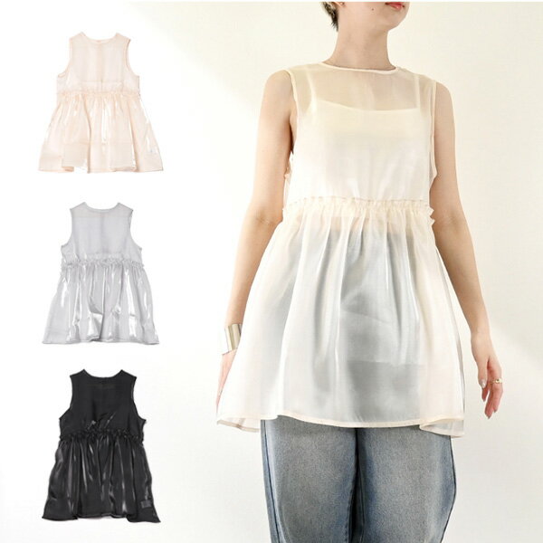 シャツ ブラウス ペプラム ノースリーブ 無地 シアー 黒 トップス レディース クリーム ライトグレー ブラック【カラー】クリーム ライトグレー ブラック【サイズ】着丈80cm 肩幅36cm バスト100cm AH直22cm 裾周り208...