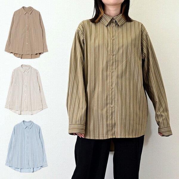 シャツ ブラウス ストライプ 長袖 2WAY レギュラーカラー オーバーサイズ トップス レディース アイボリー モカ ブルー【カラー】アイボリー モカ ブルー【サイズ】F着丈77cm B着丈84cm 肩幅50cm バスト116+cm 袖丈...