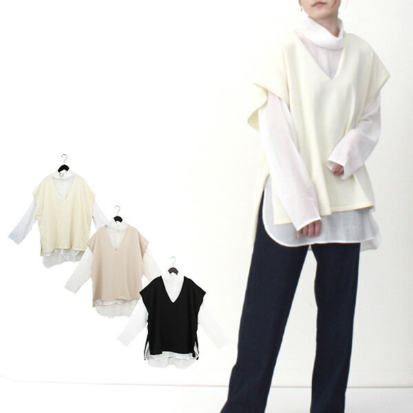 ニットベスト シャツ ブラウス セットアイテム レイヤードトップス 2点セット 無地 長袖 シアー 春 白 トップス レディース アイボリー エクリュ ブラック【カラー】アイボリー エクリュ ブラック【サイズ】（アウター）F着丈68cm B...