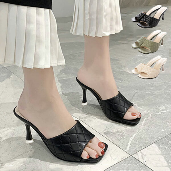 サンダル ミュール ピンヒール キルティング ハイヒール 黒 合皮 夏 シューズ 靴 レディース ブラック ベージュ グリーン【カラー】ブラック ベージュ グリーン【サイズ】35(22.5cm)36(23.0cm)37(23.5cm)38(...