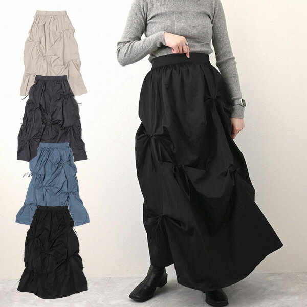 ギャザースカート スカート ロング リボン 無地 ウエストゴム ボトムス レディース エクリュ ブルー チャコールグレー ブラック【カラー】エクリュ ブルー チャコールグレー ブラック【サイズ】ボトム丈93cm ウエスト66cm（ゴム92c...